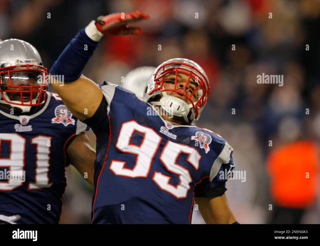 New England Patriots linebacker Tully Banta-Cain (95) celebrates a sack ...