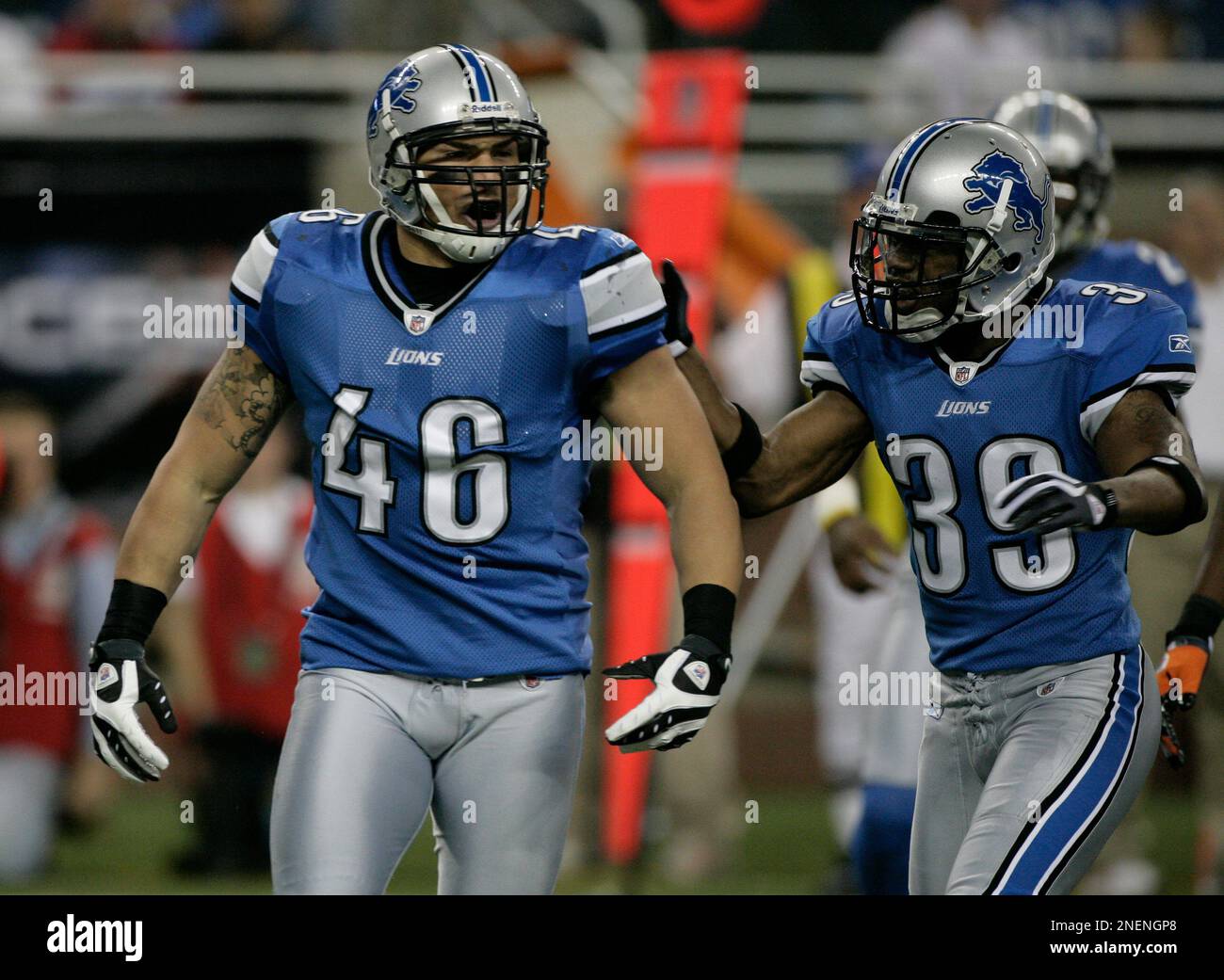 Detroit Lions' Vinny Ciurciu (46) and DeAngelo Smith (39) celebrate against the Cleveland Browns ...