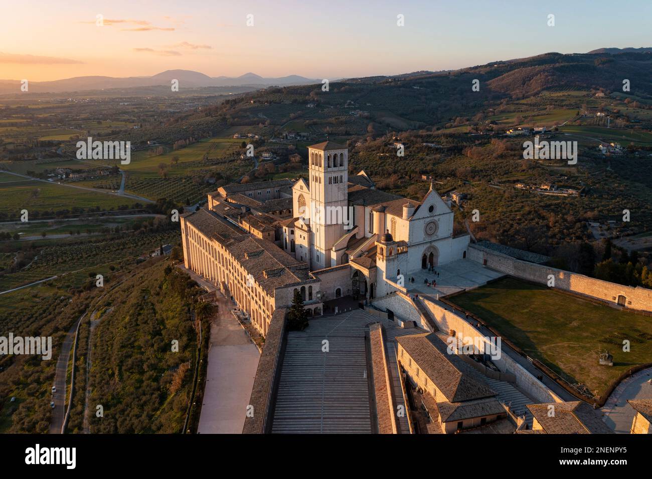 aerial view of the basilica of san francesco in the city of assisi ...