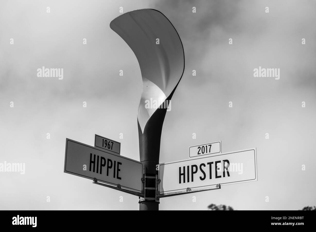 A grayscale of street signs of Hippie in 1967 and Hipster in 2017 ...
