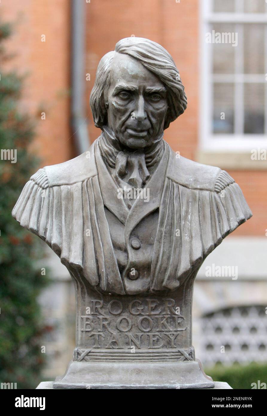 A statue of Roger Brooke Taney is shown in front of City Hall, Tuesday ...