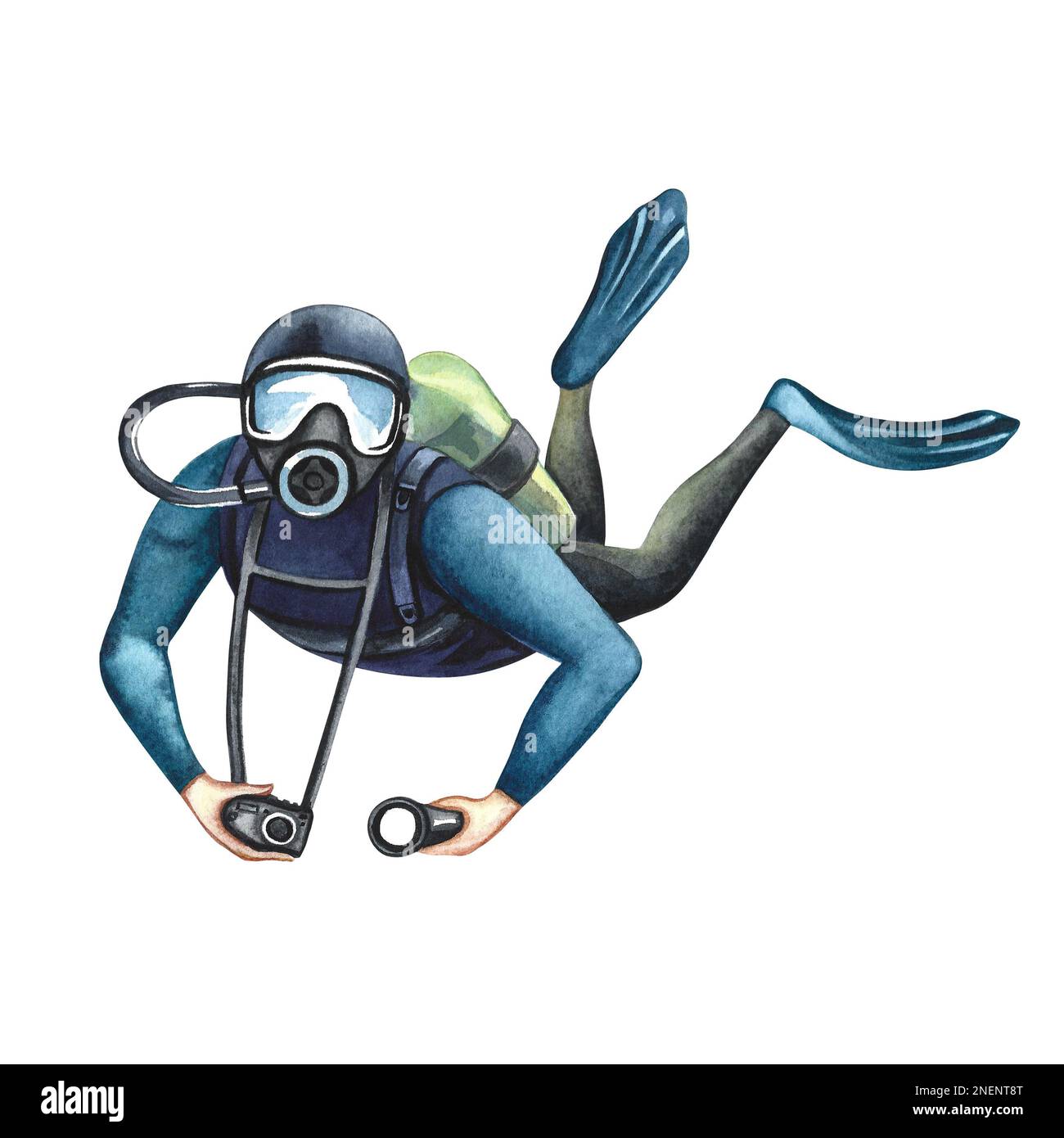 The diver swims underwater. Underwater travel. Watercolor hand drawn ...