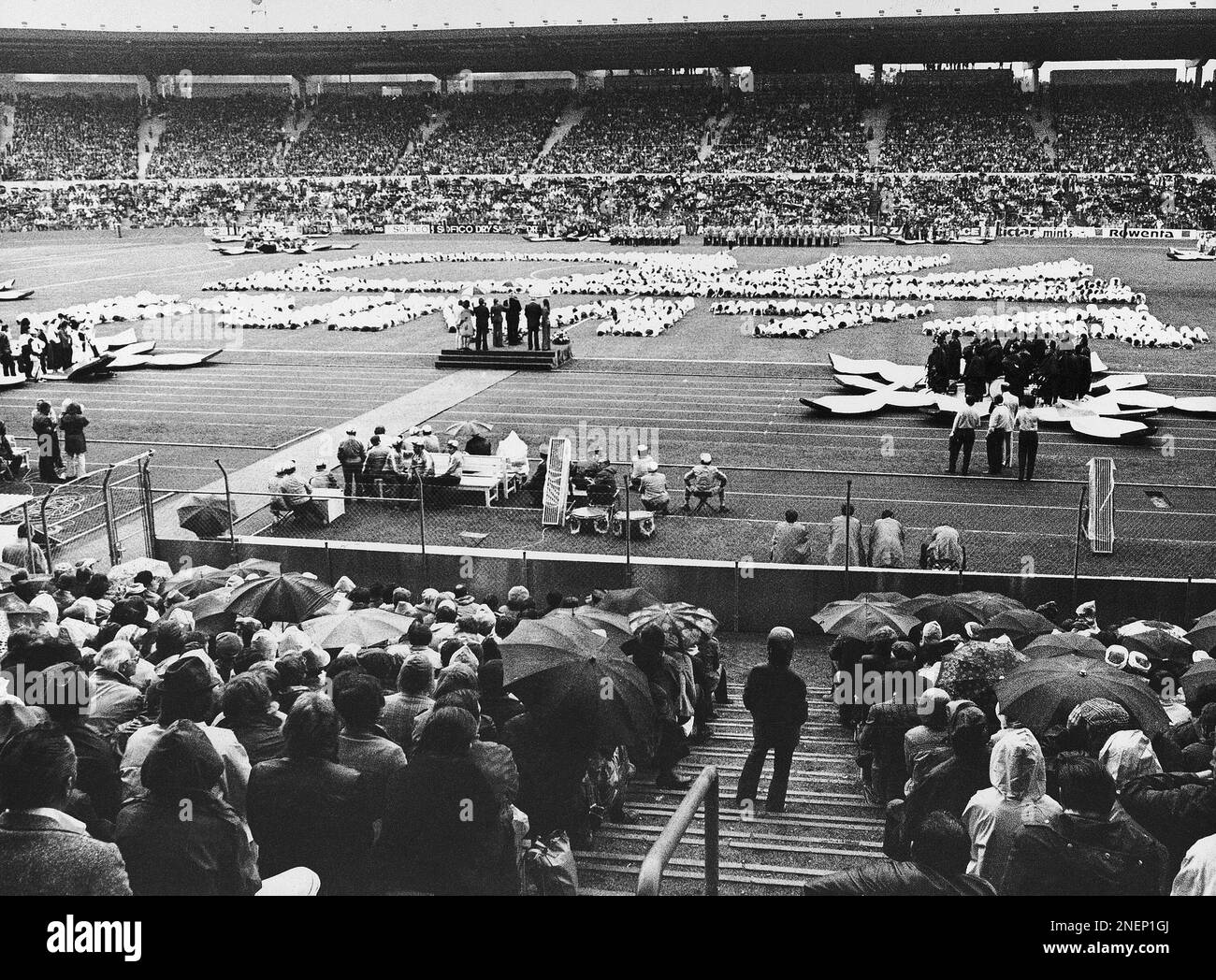 General view of the stadium while about 2,000 students pose for the ...