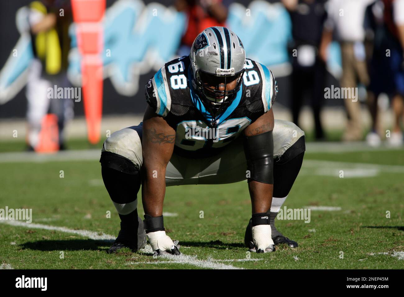 Carolina Panthers guard Keydrick Vincent stretches between plays as the ...