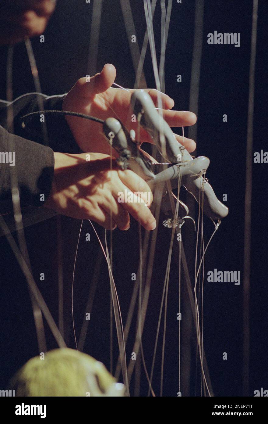 The hands of puppeteer Ray Vieta manipulates a puppet on the stage of ...