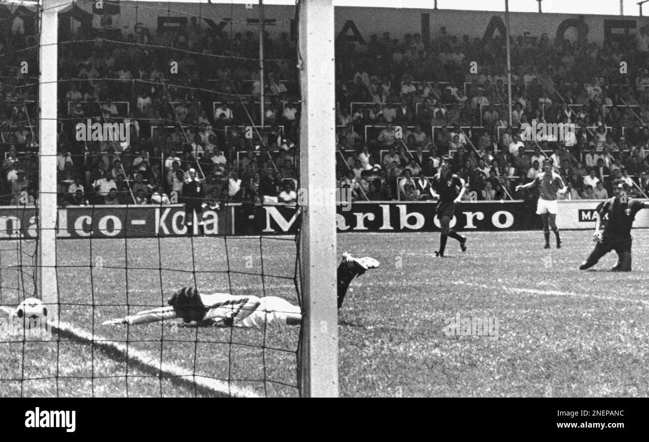 Mexico’s goalkeeper Ignacio Calderon, left, is beaten by ball kicked by ...