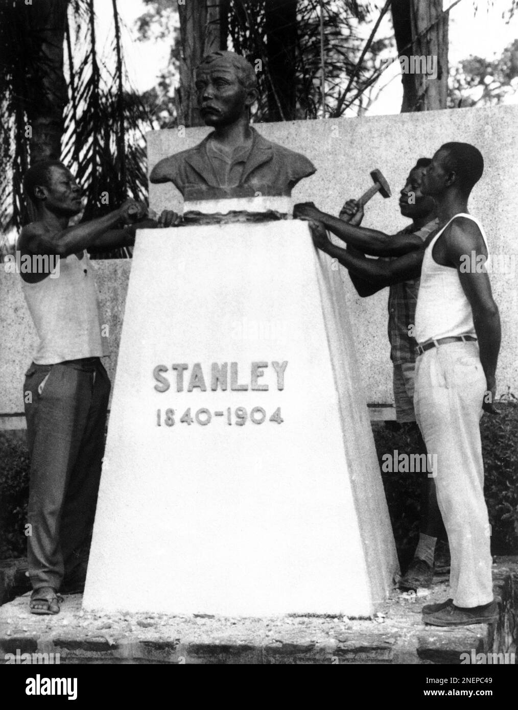 Congolese workmen remove the bust of the famed explorer, Sir Henry ...