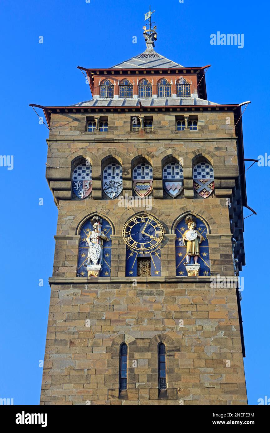 Cardiff Castle clock tower with ornate figures. Designed by William Burgess. Cardiff. February ...