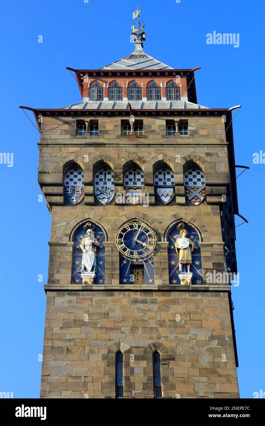 Cardiff Castle clock tower with ornate figures. Designed by William ...