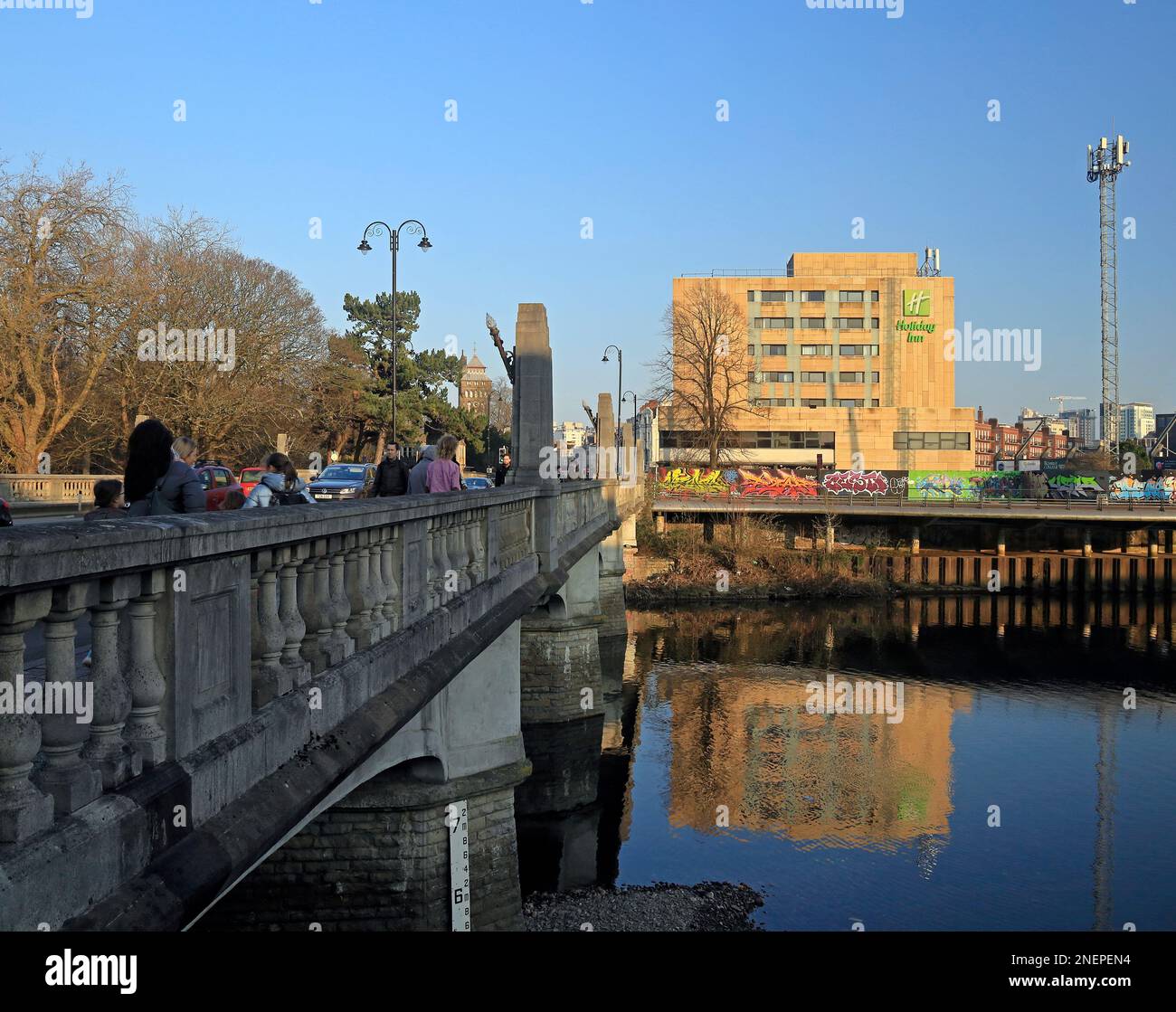 Holiday Inn hotel, Cardiff city centre, by Canton Bridge over the river ...