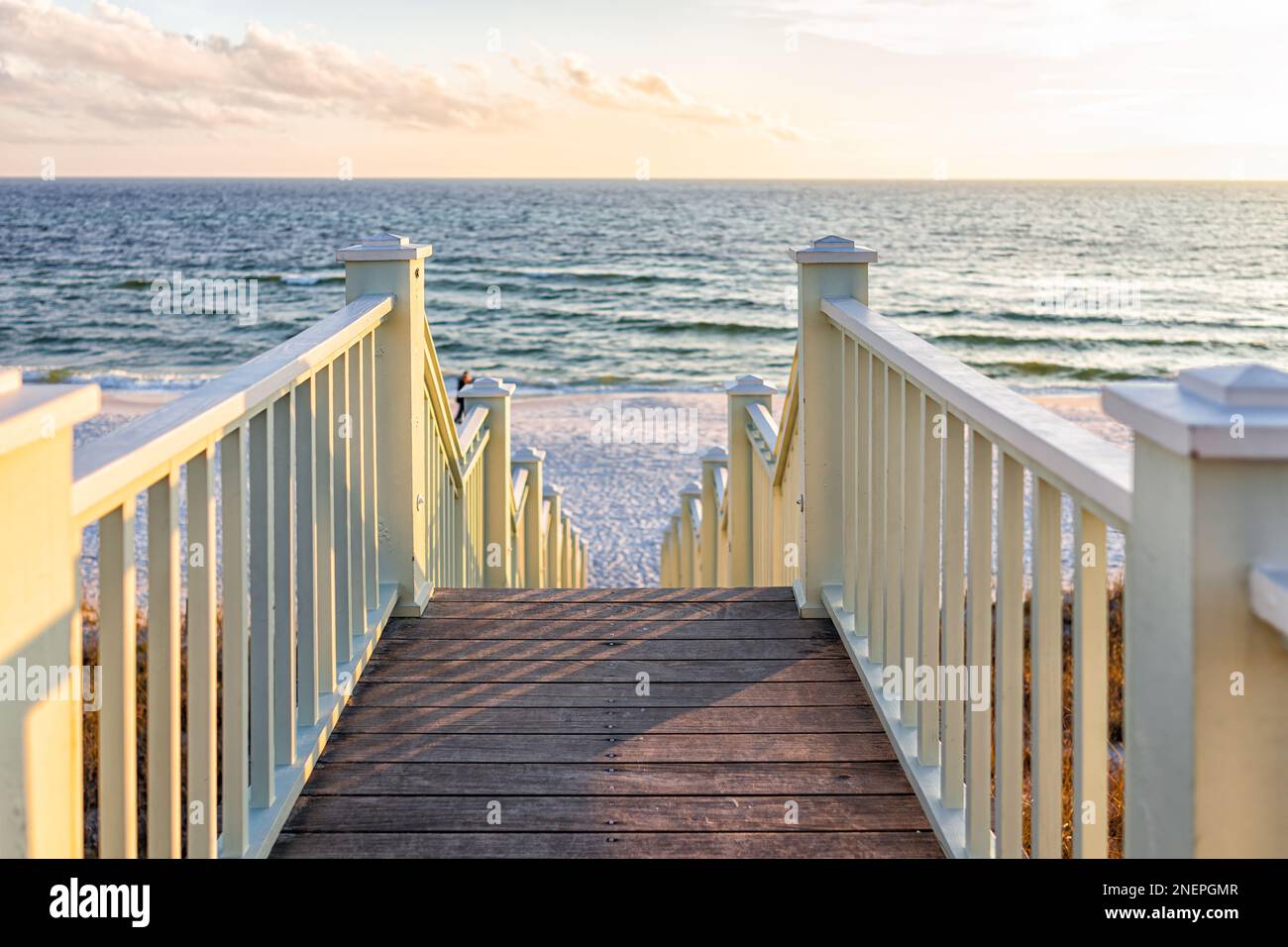 High angle framing view of wooden yellow green white pavilion boardwalk ...