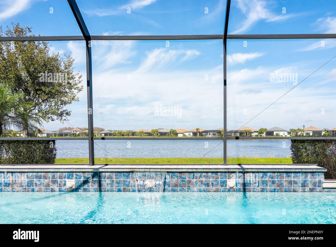 Modern contemporary home screened glass lanai private pool spa with ...