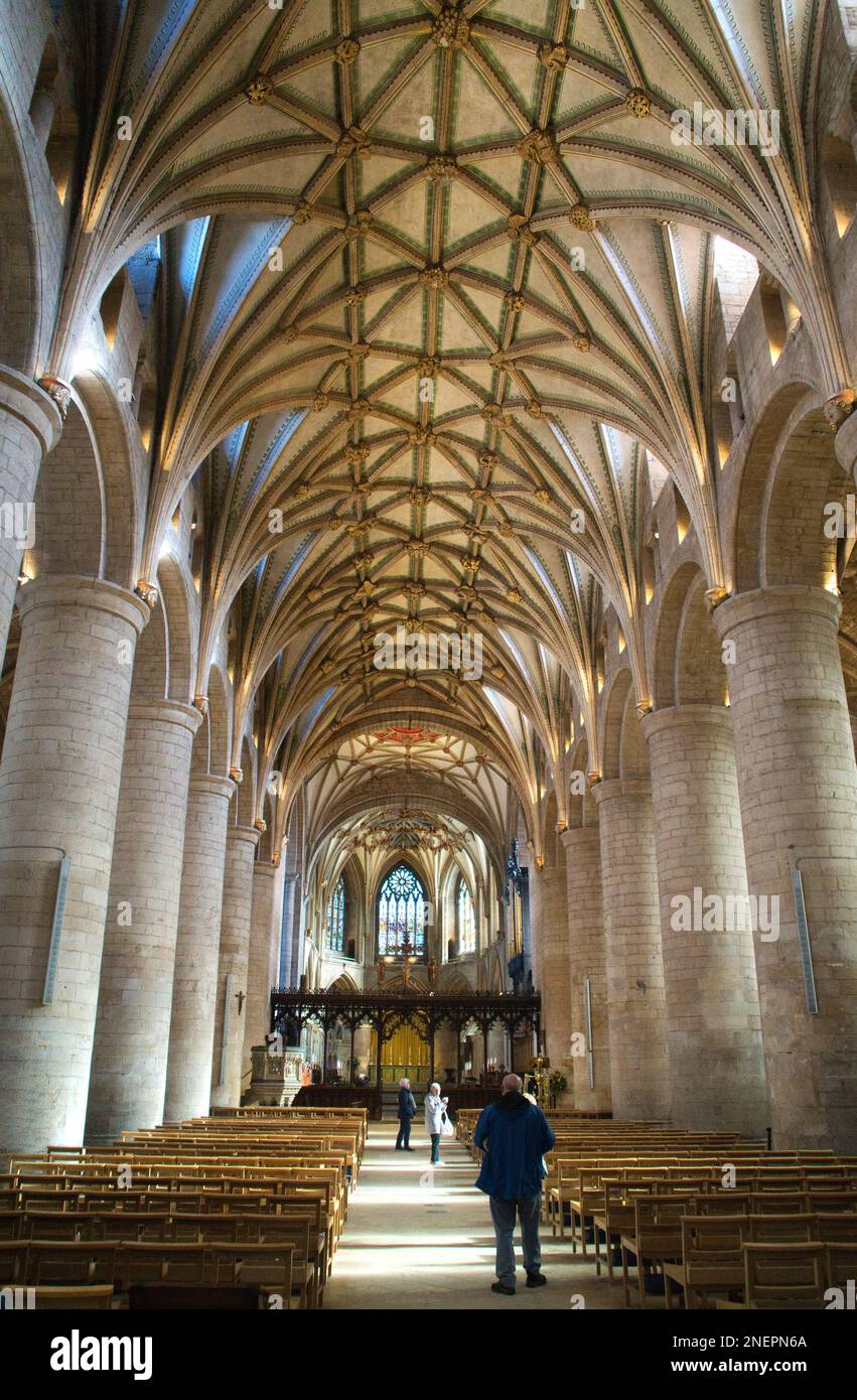 Nave, columns and decorative ceiling in Tewkesbury Abbey (The Abbey ...