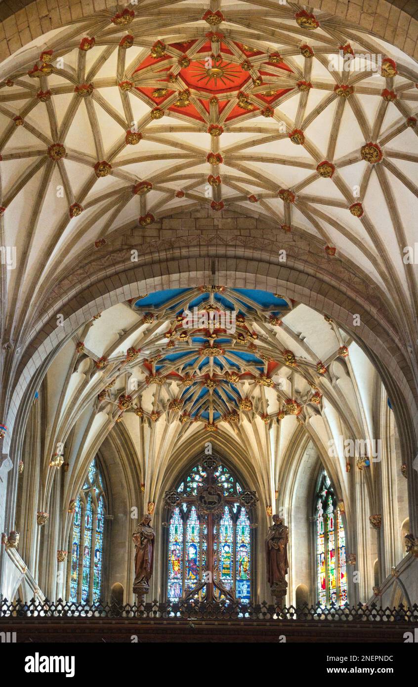 Decorative ceilings and stained-glass windows in Tewkesbury Abbey (The ...