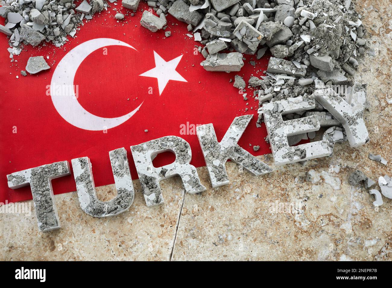 Turkey Earthquake, A background of the Turkish flag and brick debris ...