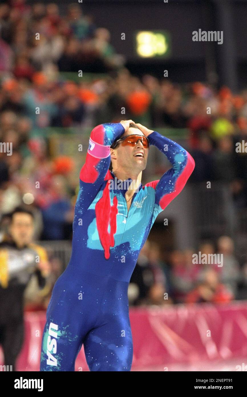 Dan Jansen reacts after finishing with a time of 1:12.43 for a new ...