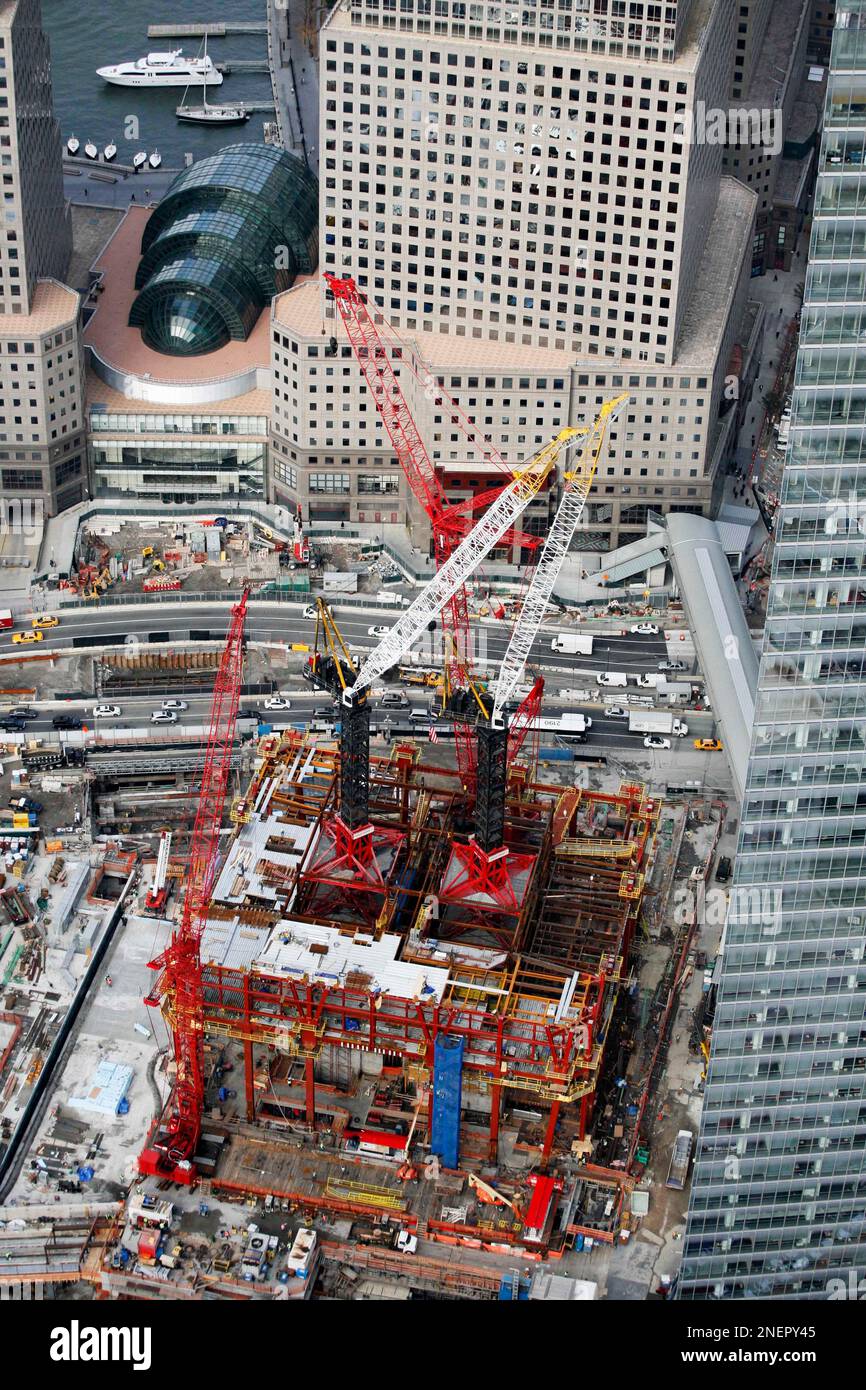 The framework of the Freedom Tower, center, is shown in this aerial ...
