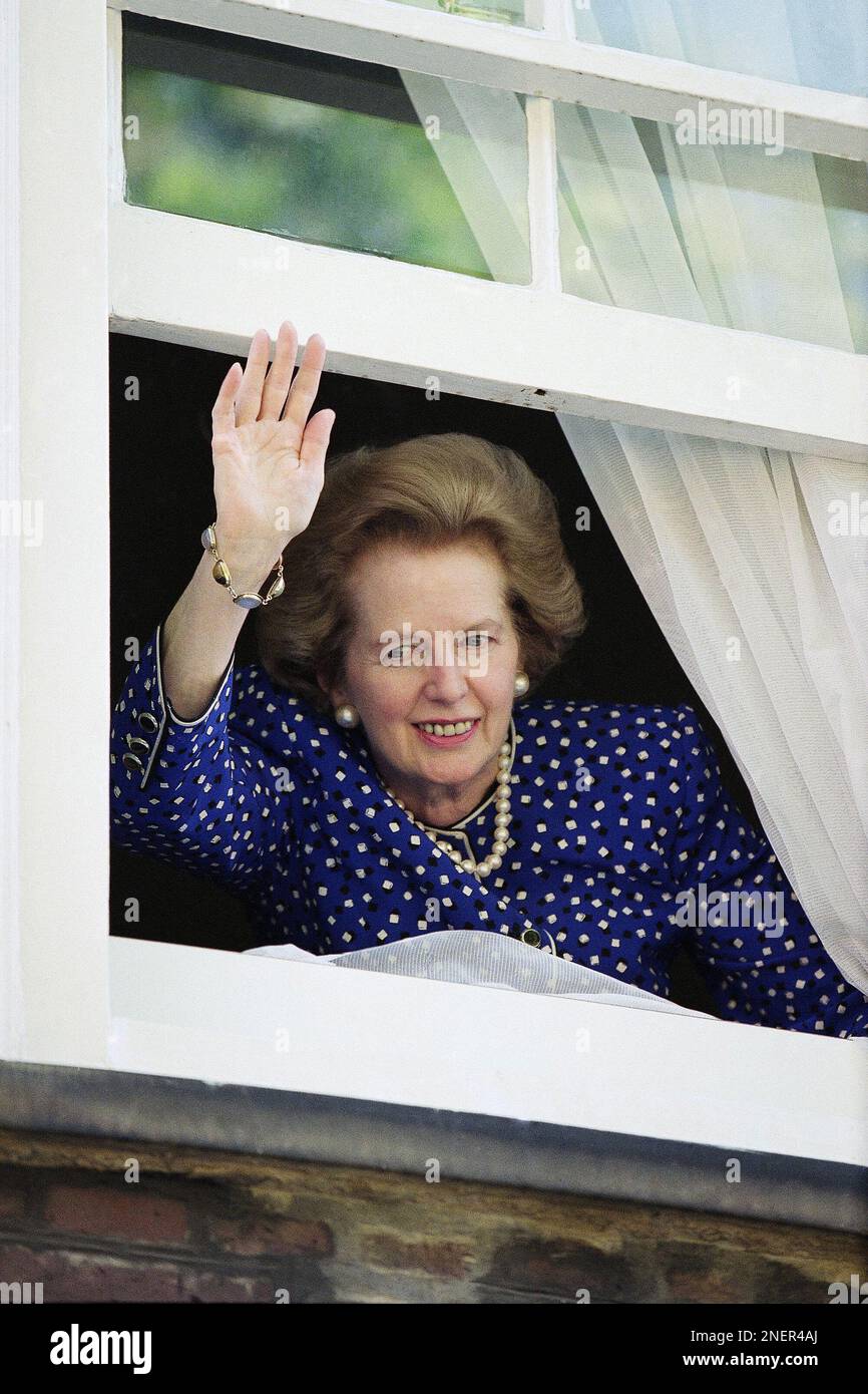 Former British Prime Minister Margaret Thatcher waves to the ...