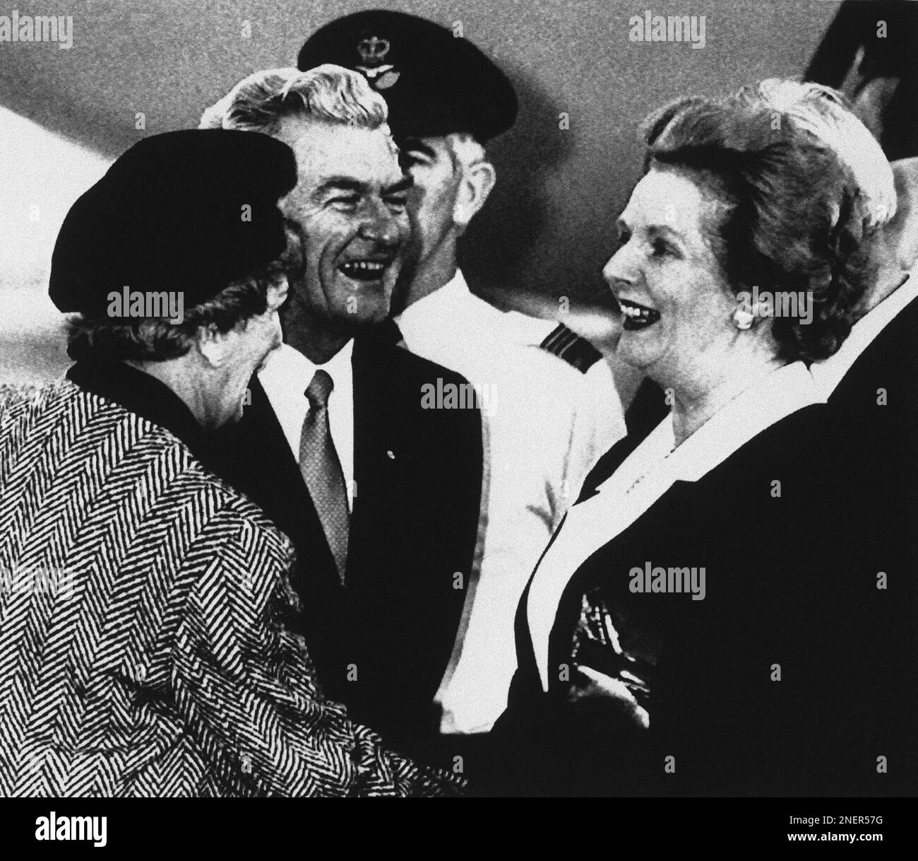 Prime Minister Margaret Thatcher met by Australian Prime Minister Bob ...