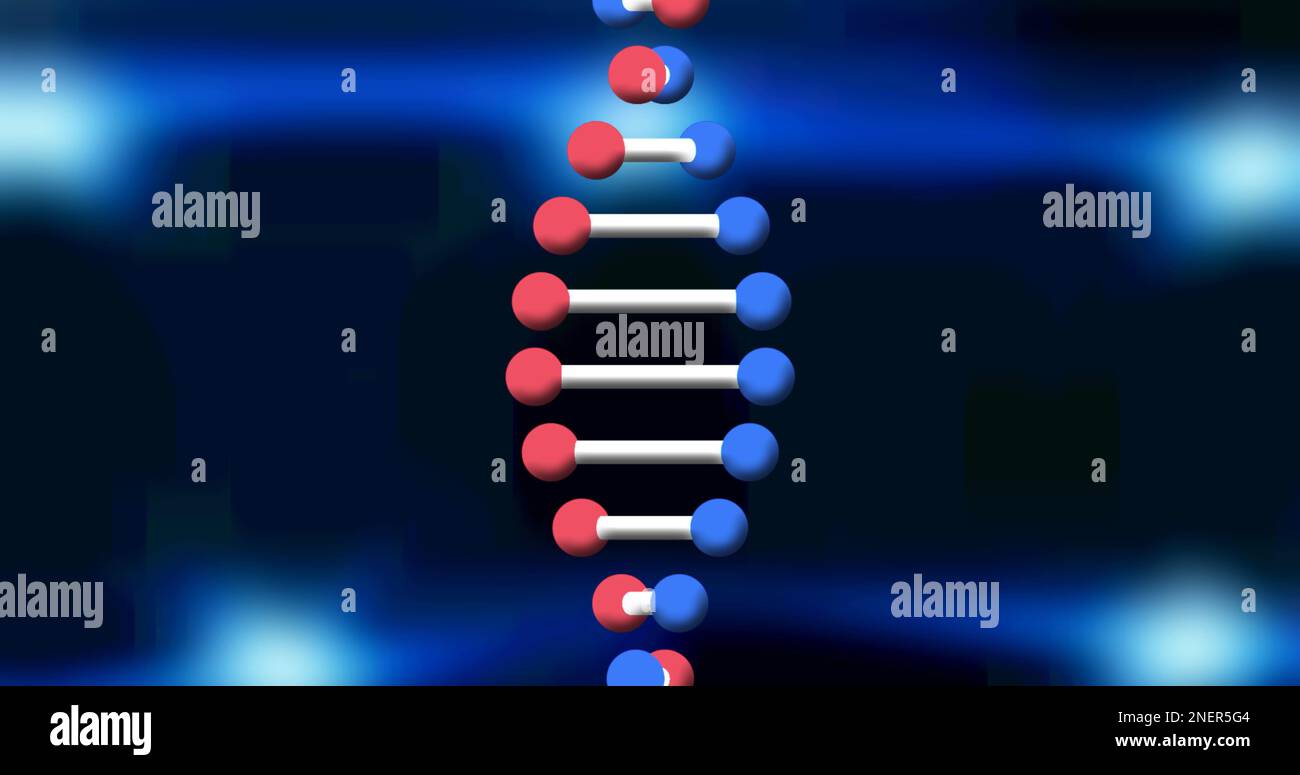 Digital image of dna structure spinning against blue spots of light on ...