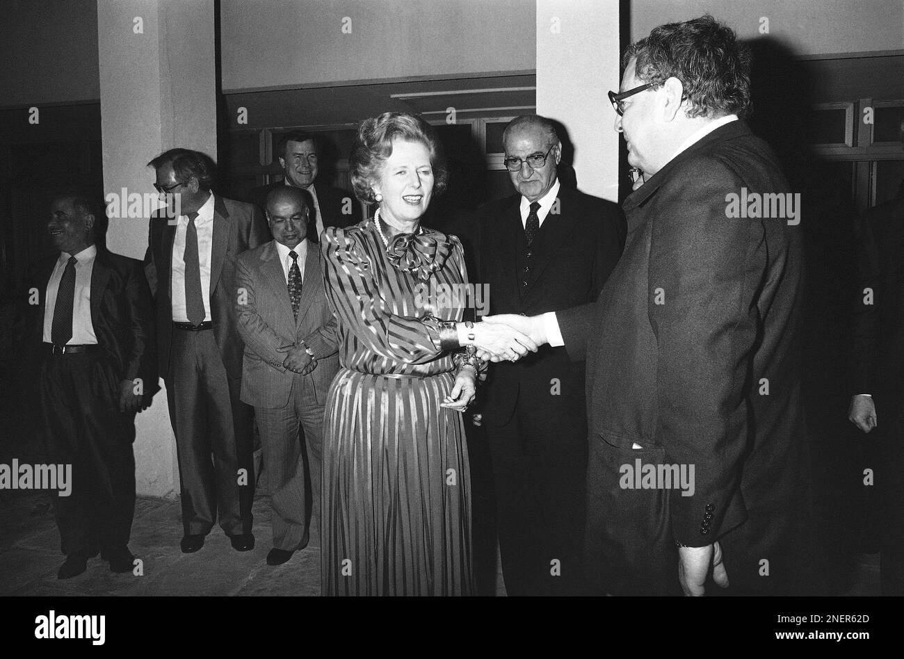 British Prime Minister Margaret Thatcher shakes hands with deposed Mayor of Gaza Rashad Shawa ...