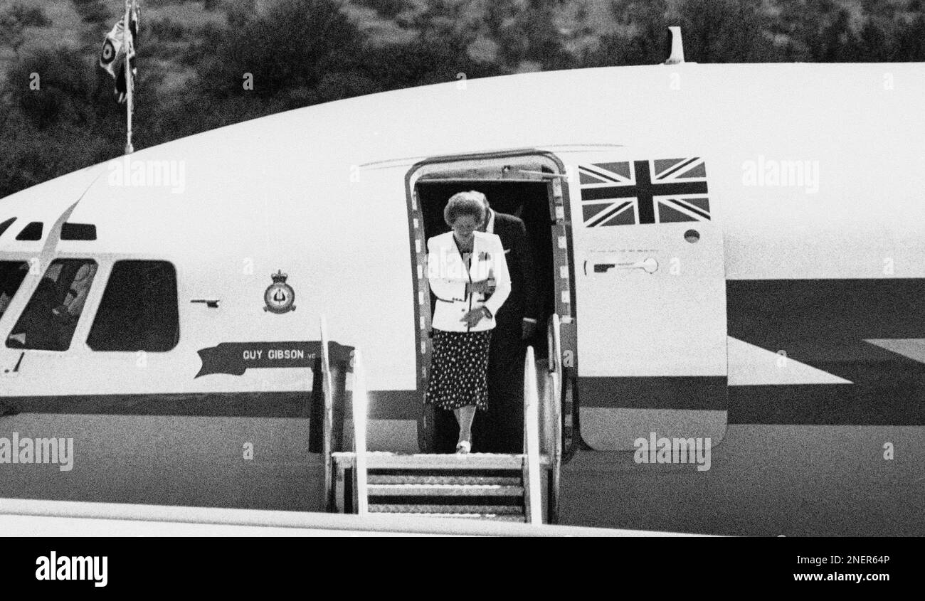 British Prime Minister Mrs. Margaret Thatcher steps out of a royal air ...