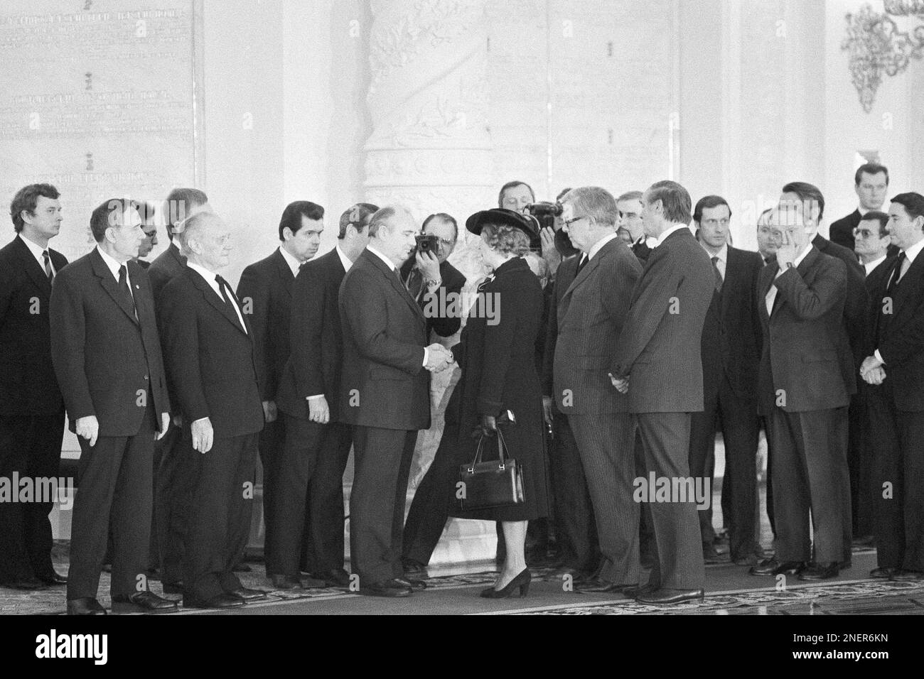 British Prime Minister Margaret Thatcher is greeted by Soviet Leader ...