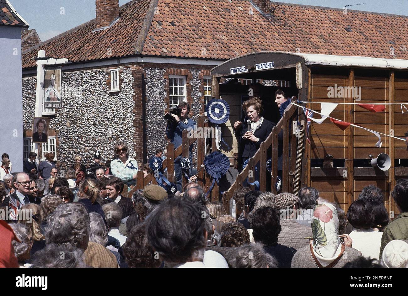 British Prime Minister Margaret Thatcher, campaigning speaking in 1983 ...