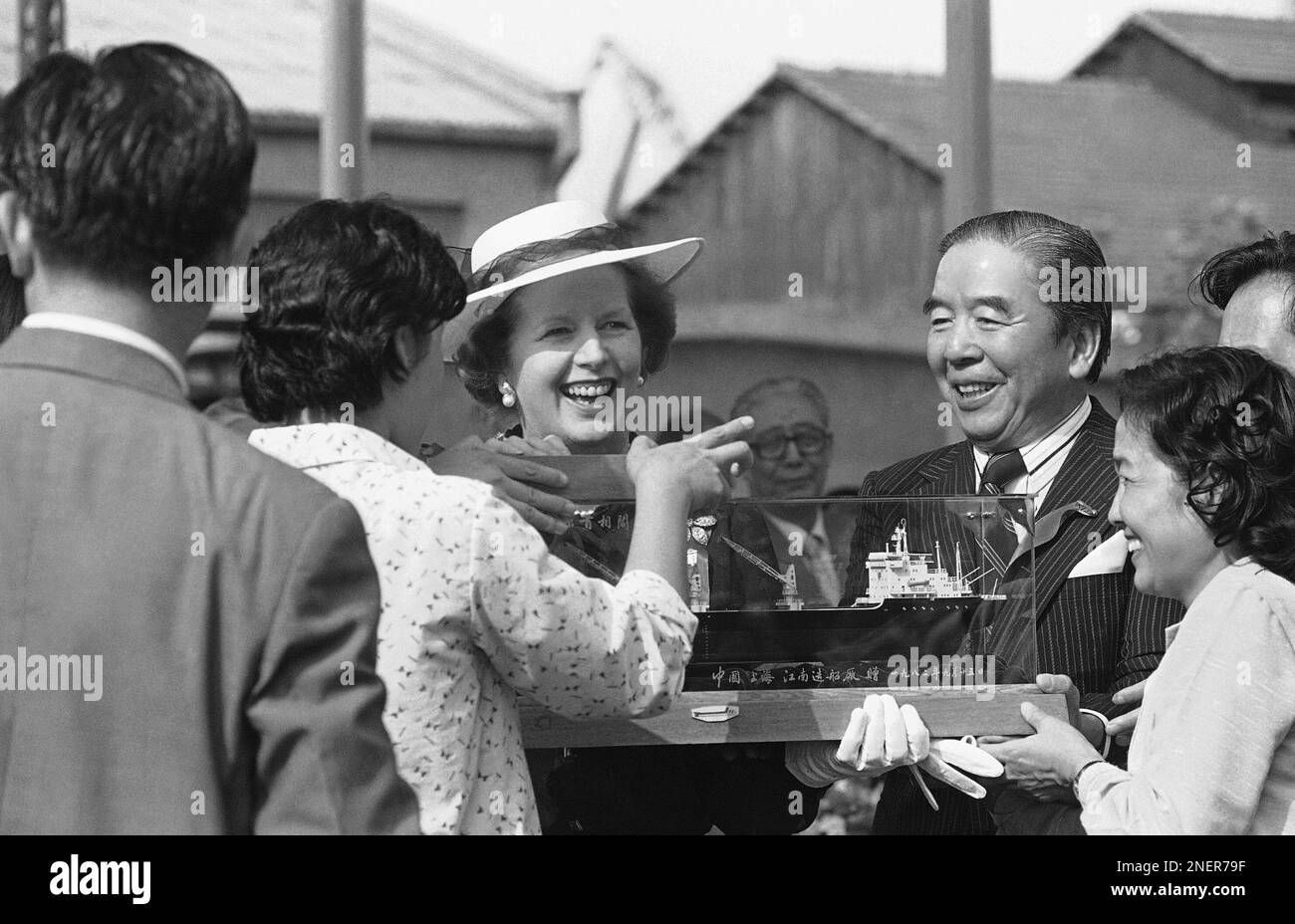 British Prime Minister Margaret Thatcher receives a ship model of ‘M.V ...