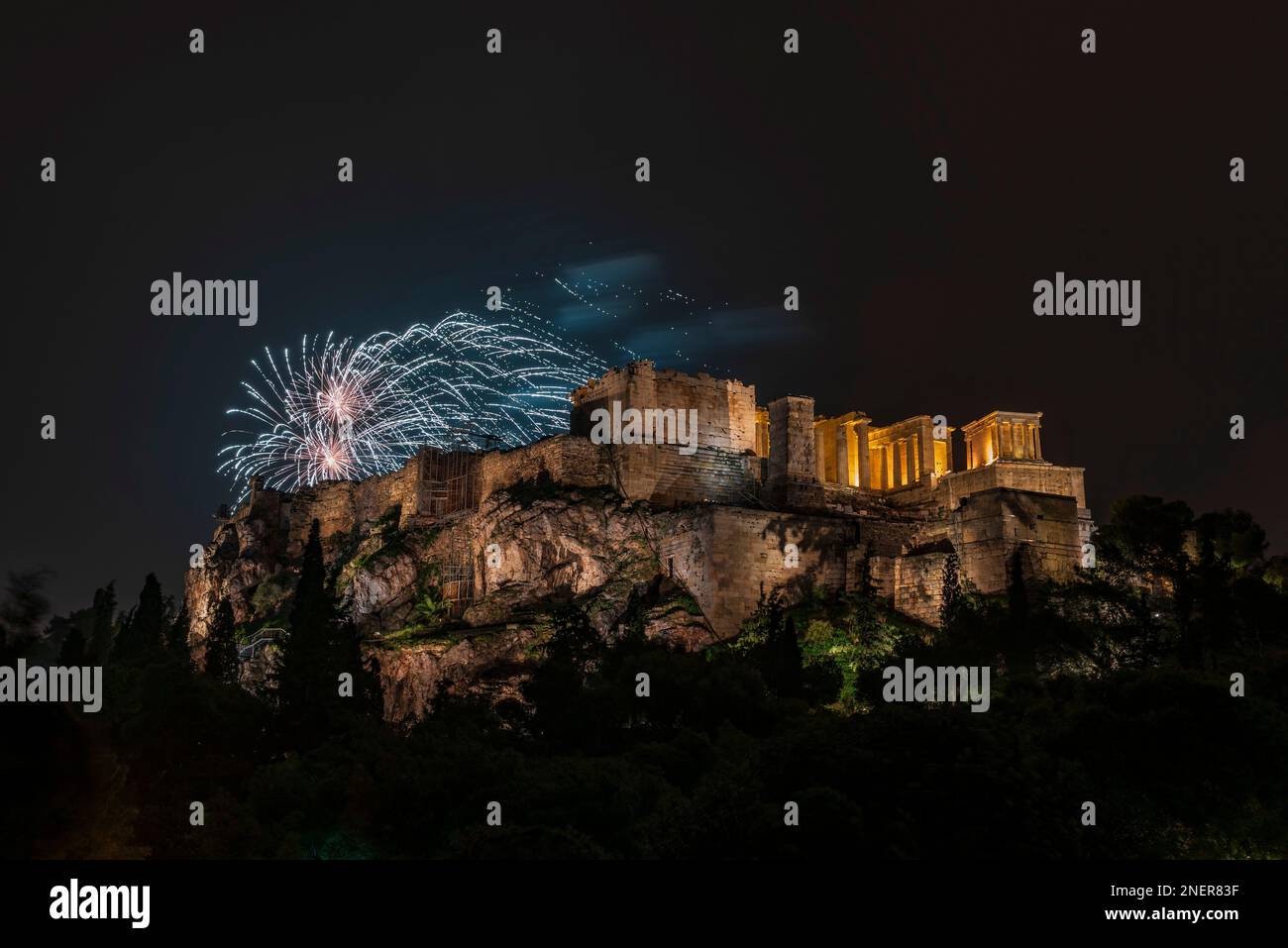End of year celebrations with fireworks on the Acropolis, Athens Stock ...