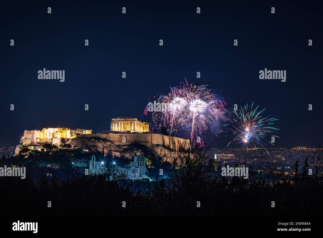 End of year celebrations with fireworks on the Acropolis, Athens Stock ...