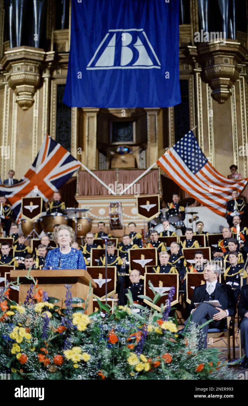 Britain?s Premier Margaret Thatcher delivers an address to the American ...