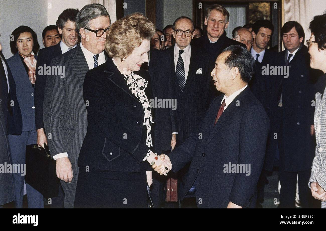 Margaret Thatcher shakes hands with Chinese Premier Zhao Ziyang before ...