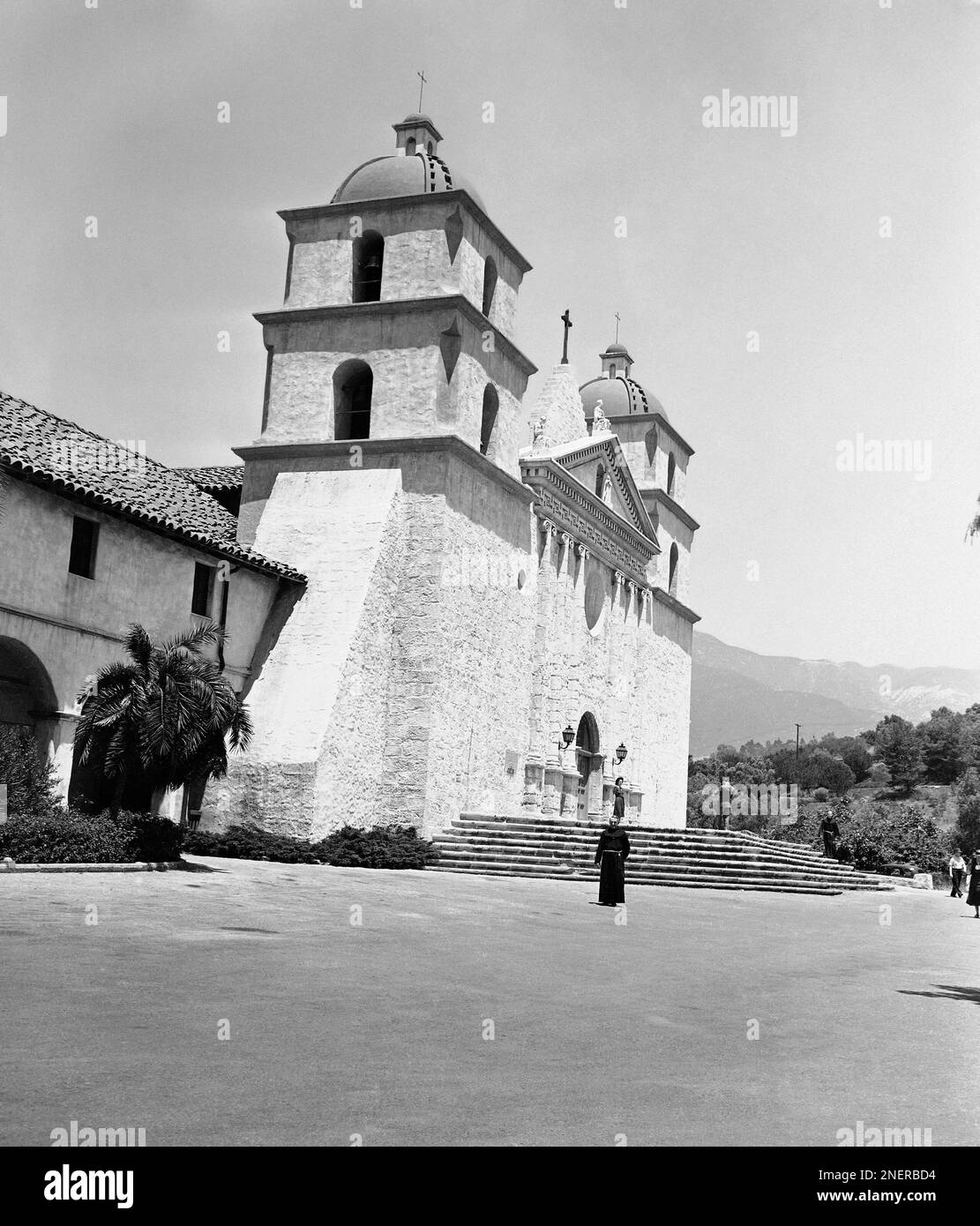 The facade of the Mission Santa Barbara, showing Father Augustine ...
