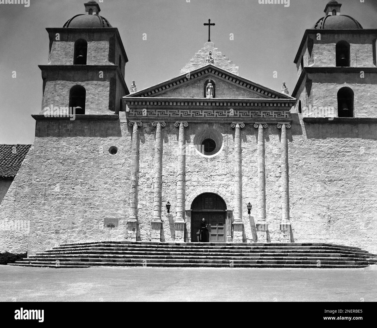 The facade of the Mission Santa Barbara, showing Father Augustine ...