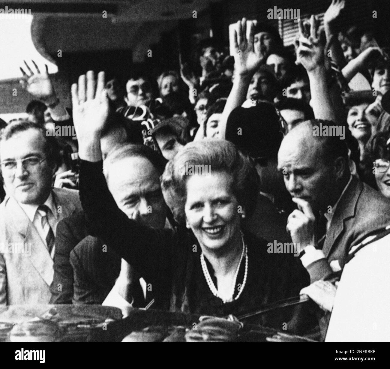 British Prime Minister Margaret Thatcher waves she leaves the Wembley ...