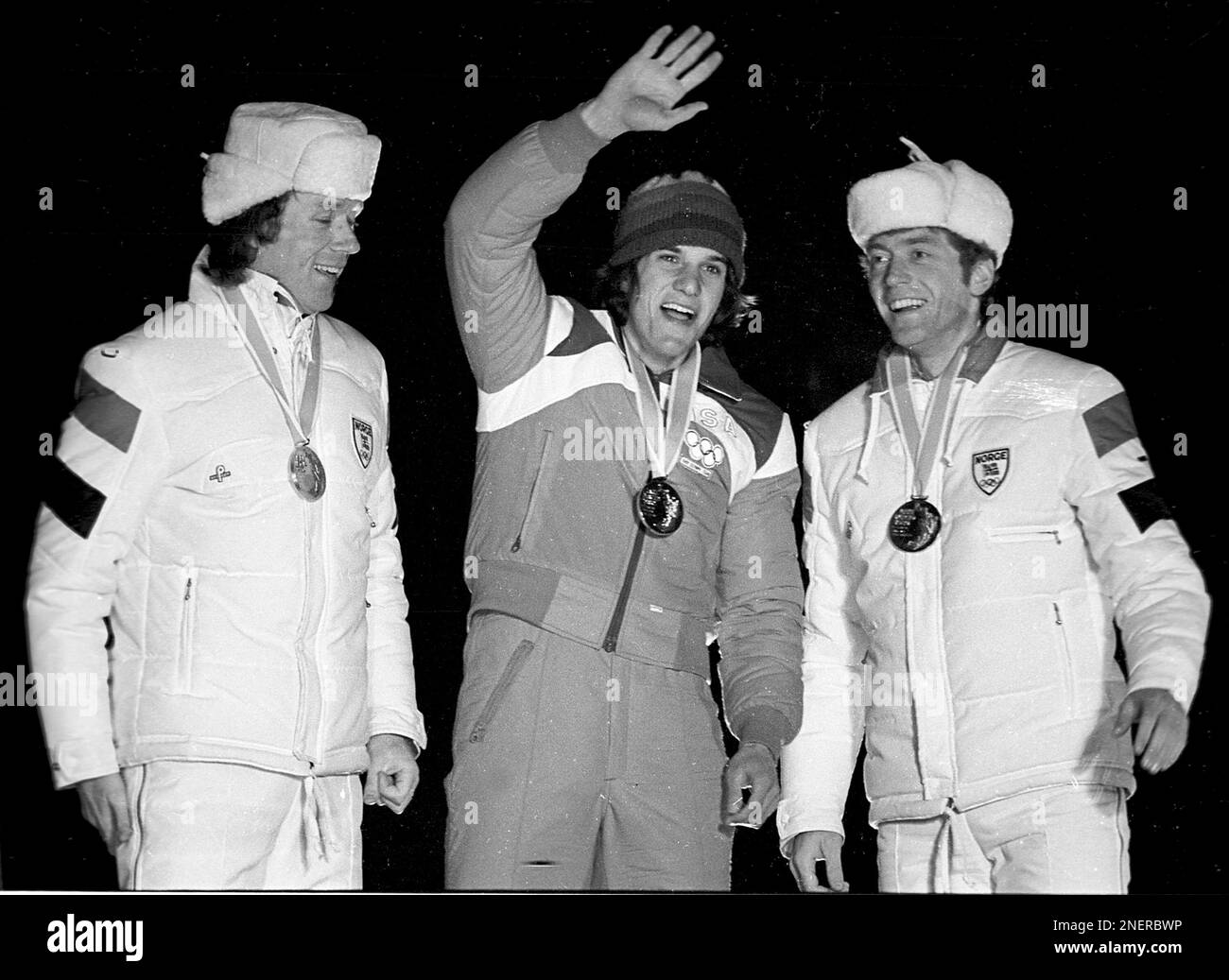 Eric Heiden, of Madison, Wis., center, cheers with Kai Arne Stenshjemmet, left, and Terge ...