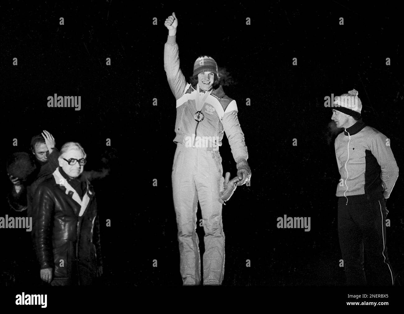 Eric Heiden, of Madison, Wis., cheers after being presented his gold medal for the 500-meter ...