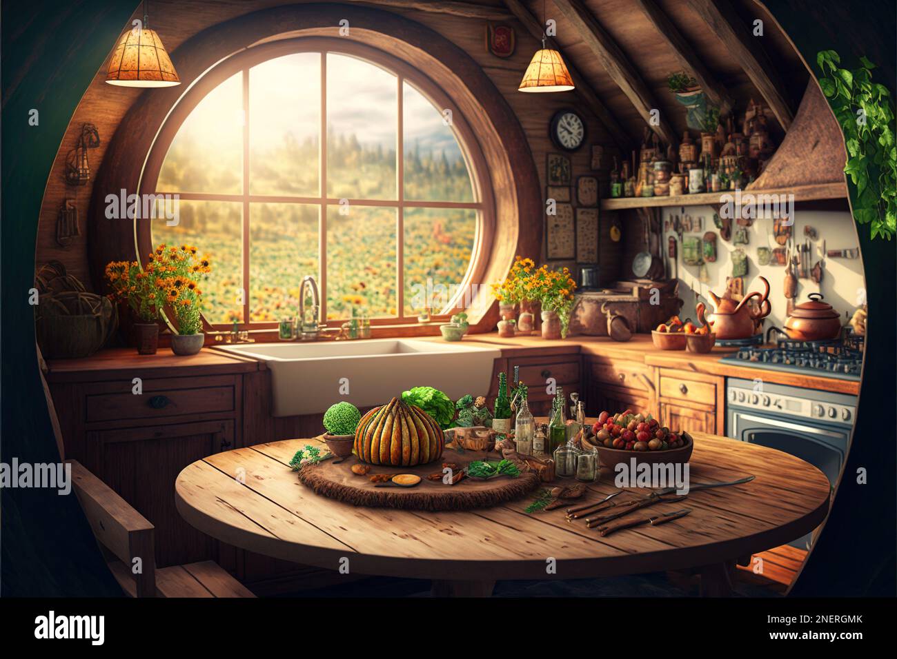 Fantasy house interior in forest, food on table in kitchen inside ...