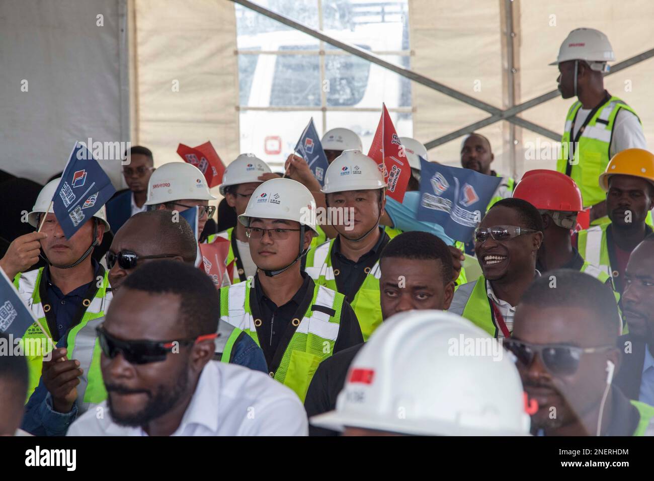 Kitwe, Zambia. 16th Feb, 2023. Workers attend the grid connection ...