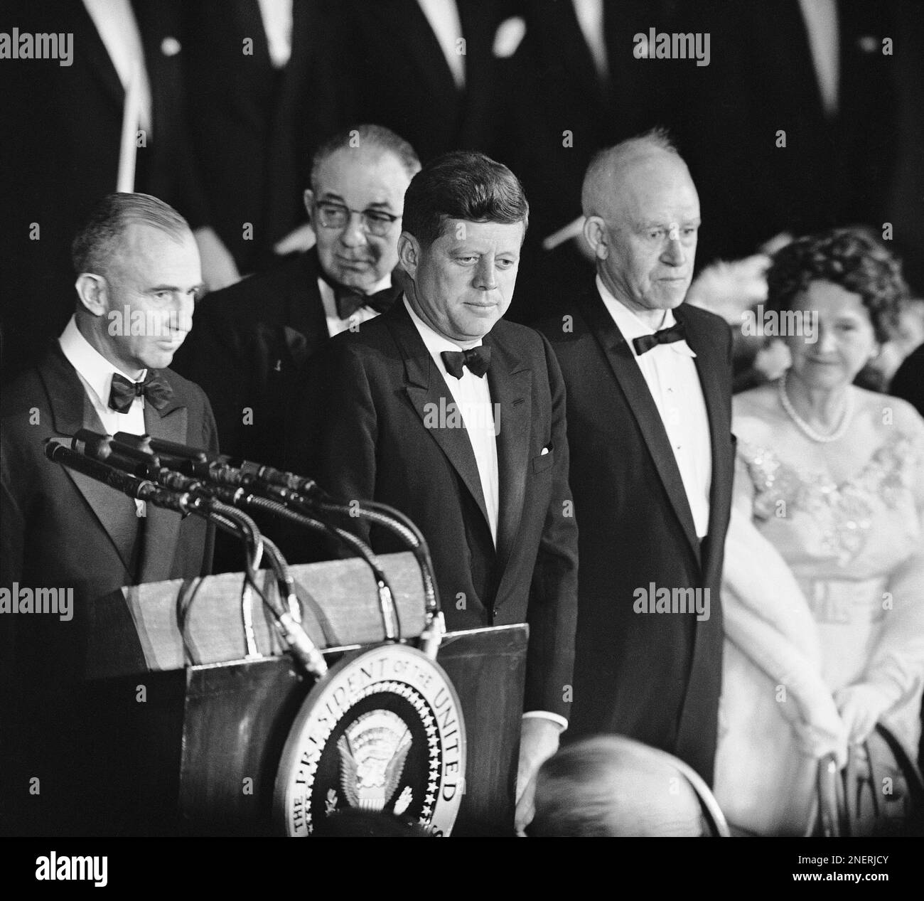 President John F. Kennedy and Gen. Omar N. Bradley stand during ...