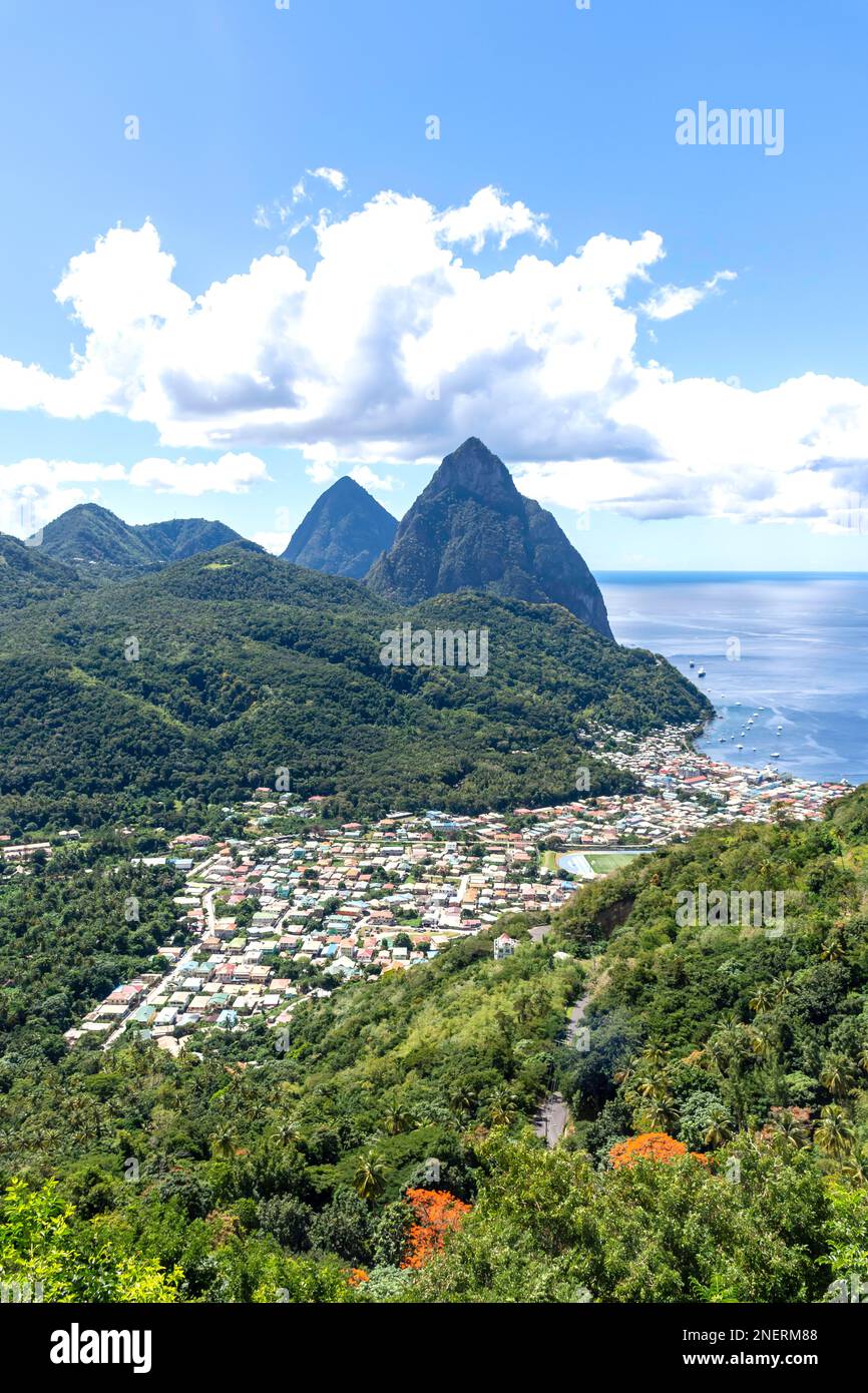 View of The Pitons and town of Soufrière, Mirador Piton Santa Lucia ...