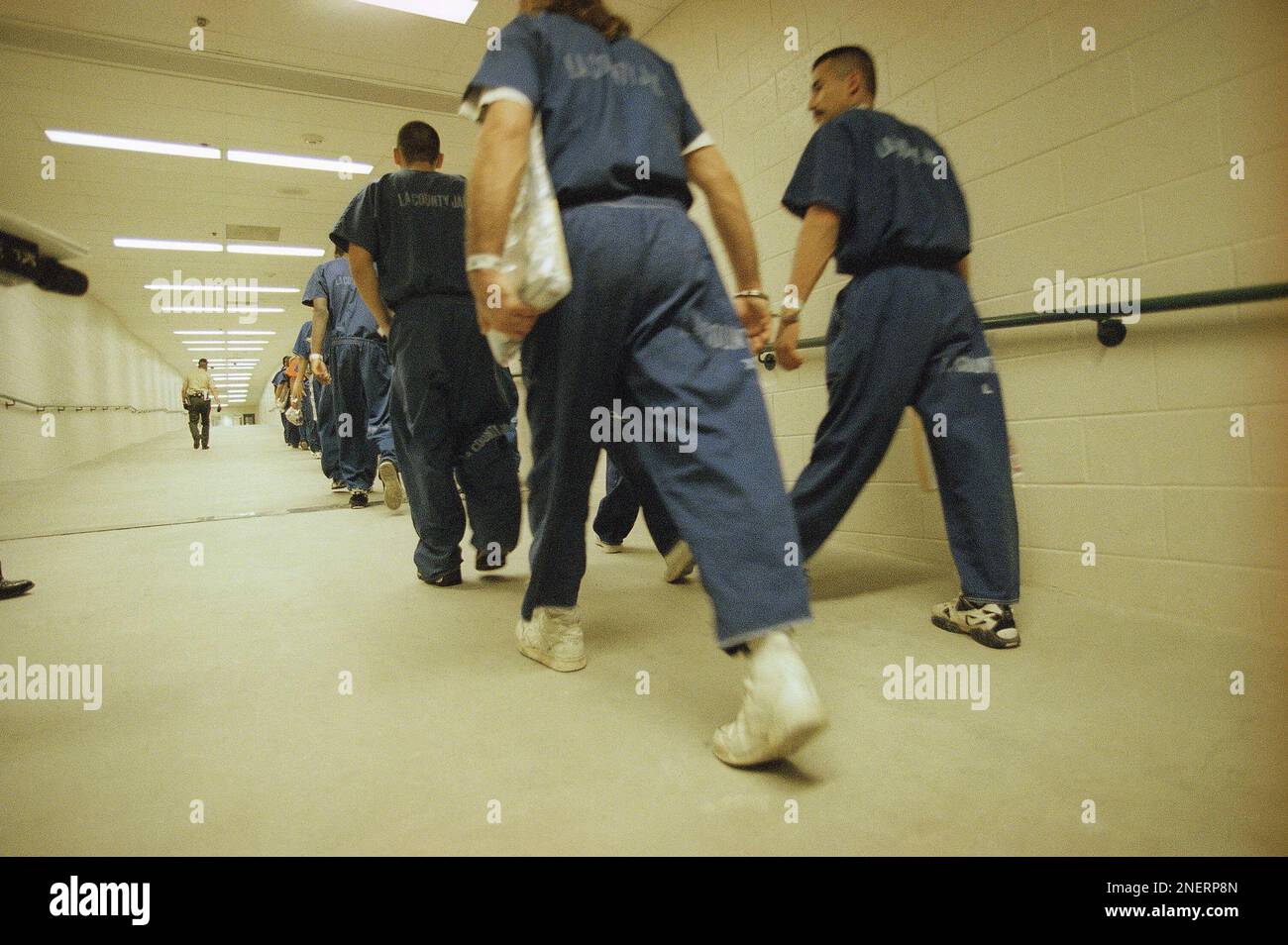 Handcuffed inmates carry personal belongings as they are transferred to ...