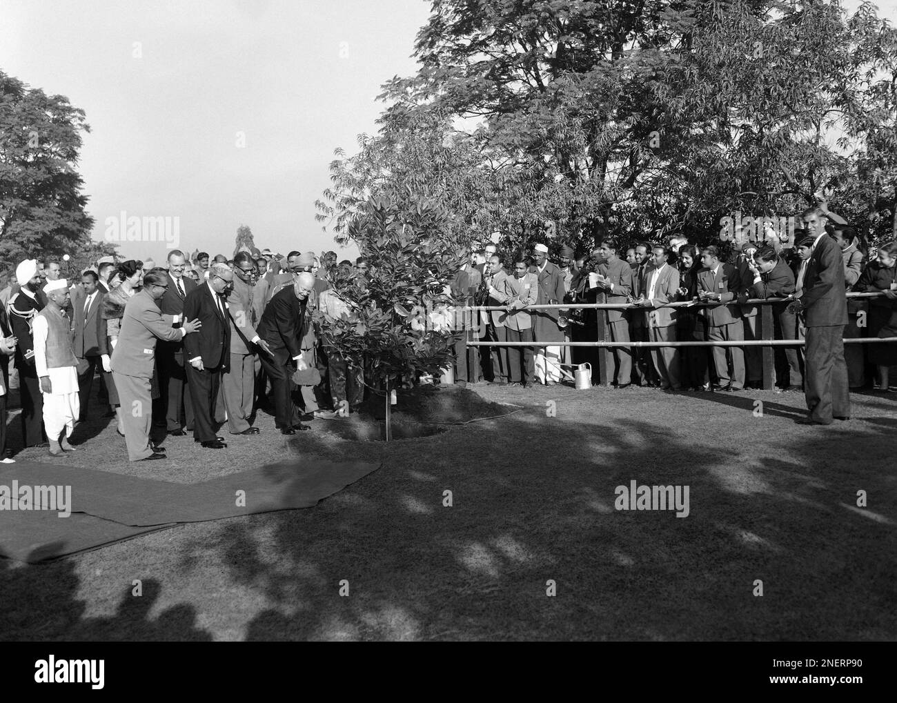 President Dwight D. Eisenhower lifts a shovel of earth at the planting ...