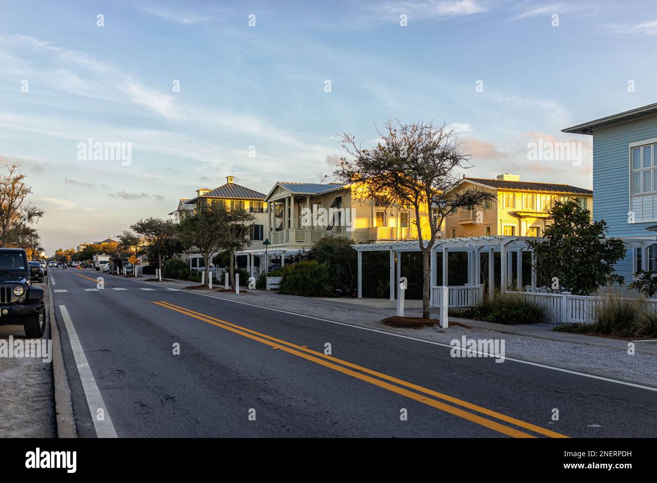 Seaside, USA - January 14, 2021: Colorful wooden beach buildings in ...