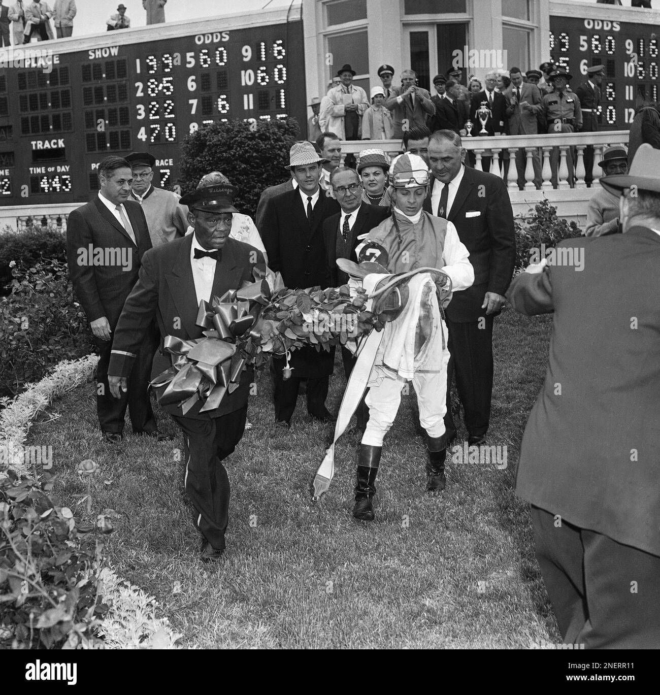 Venetian Way and Jockey Bill Hartack are covered with roses after ...