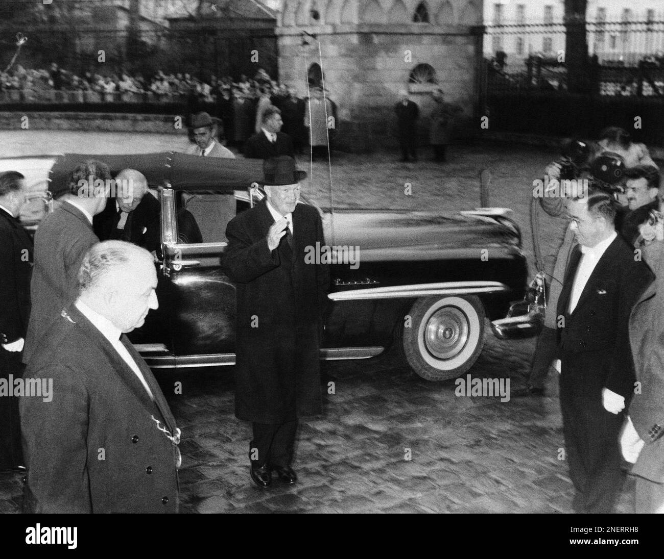 President Dwight Eisenhower gestures on arriving at Rambouillet Chateau ...