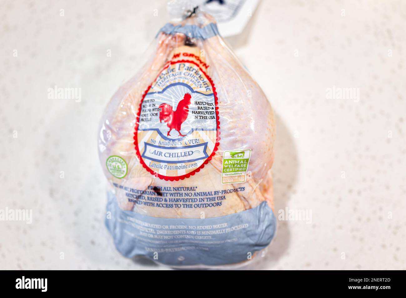 Naples, USA - February 9, 2022: Whole chicken heritage meat air chilled ...