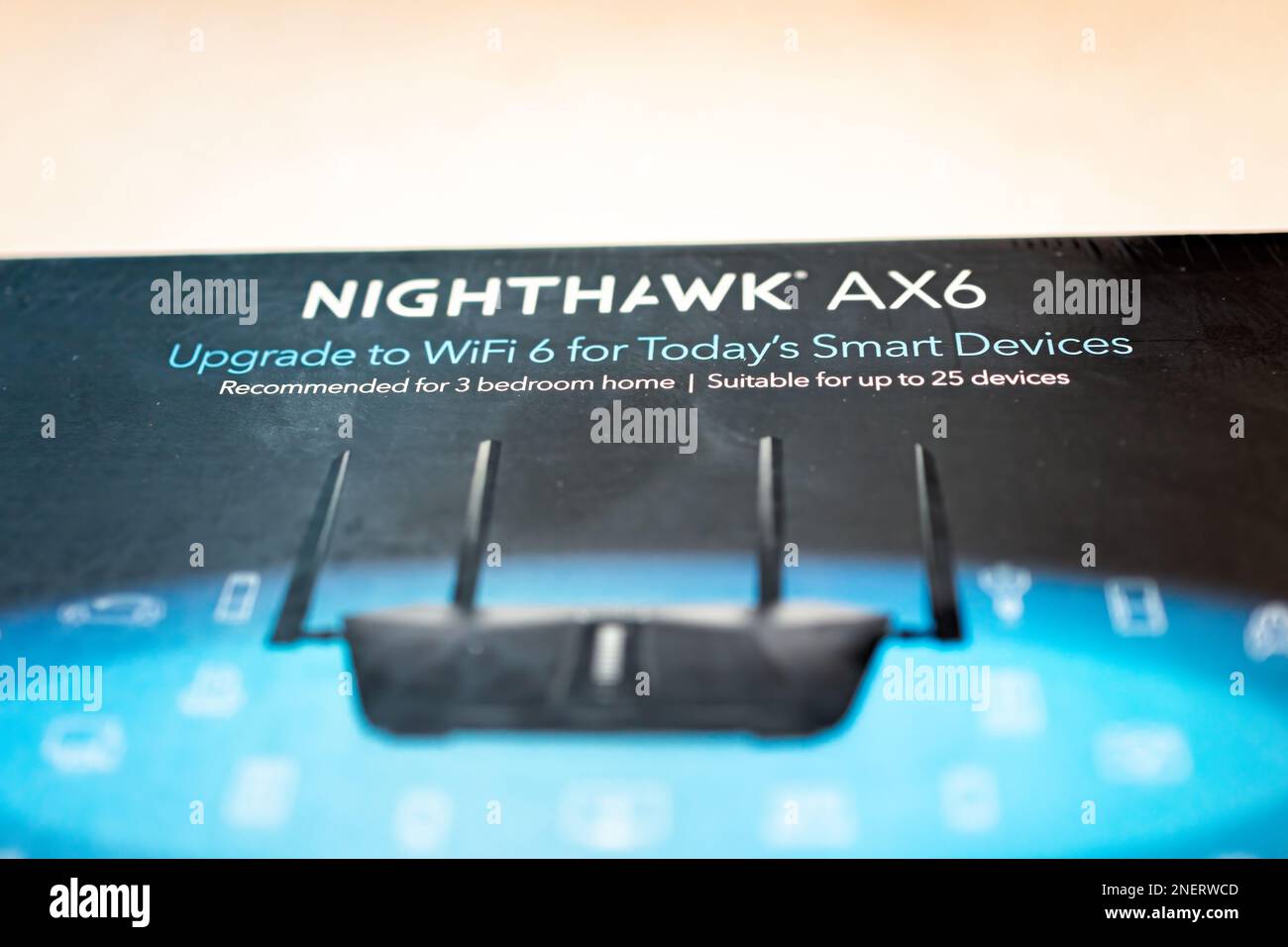 Naples, USA - May 11, 2022: Wifi 6 Nighthawk router with antennas on ...