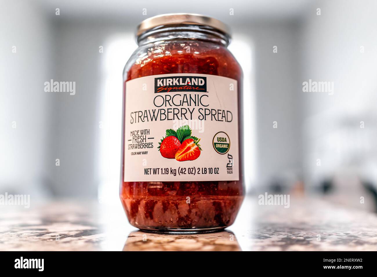 Avon, USA - June 17, 2022: Macro closeup of bulk large glass jar of ...